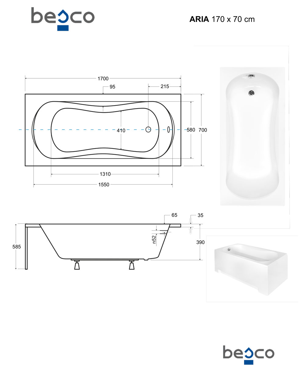 Besco Aria plus 170x70 akril egyenes kád, standard kapaszkodókkal ...